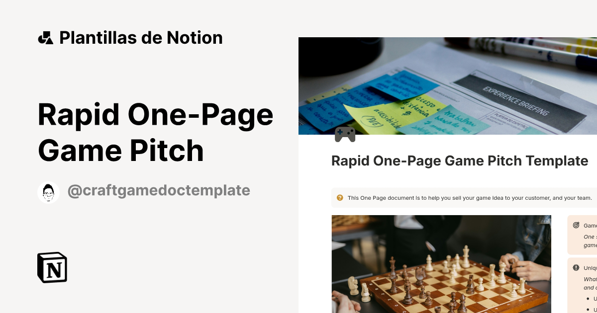 Plantilla Rapid One-Page Game Pitch de Craft Game Doc Template | Notion ...