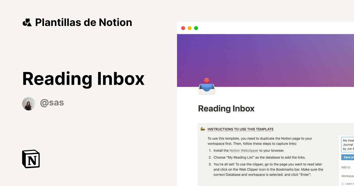 Plantilla Reading Inbox de Sasmini | Notion Marketplace