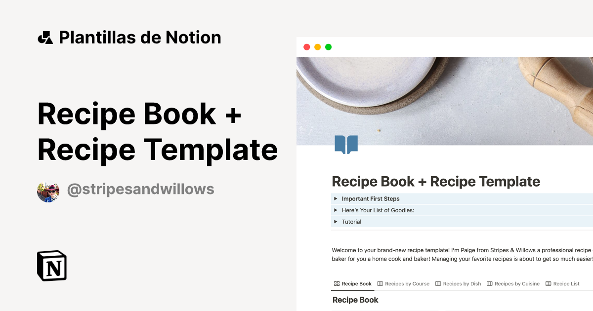 Plantilla Recipe Book + Recipe Template de Stripes & Willows | Notion ...