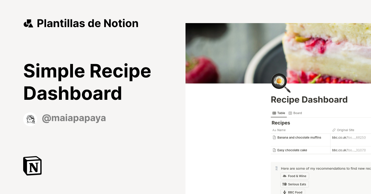Plantilla Simple Recipe Dashboard | Notion Marketplace