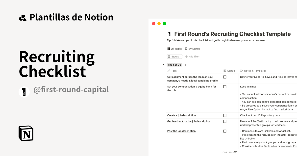 Plantilla Recruiting Checklist de First Round Capital | Notion Marketplace