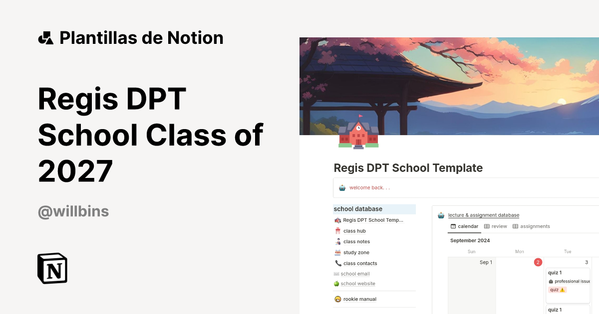 Plantilla Regis DPT School Class of 2027 de Will Bins | Notion Marketplace