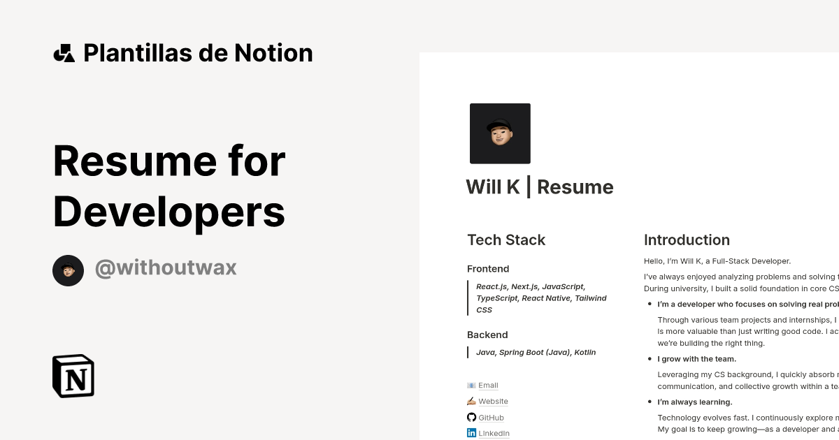 Plantilla Resume for Developers de Will Kim | Notion Marketplace