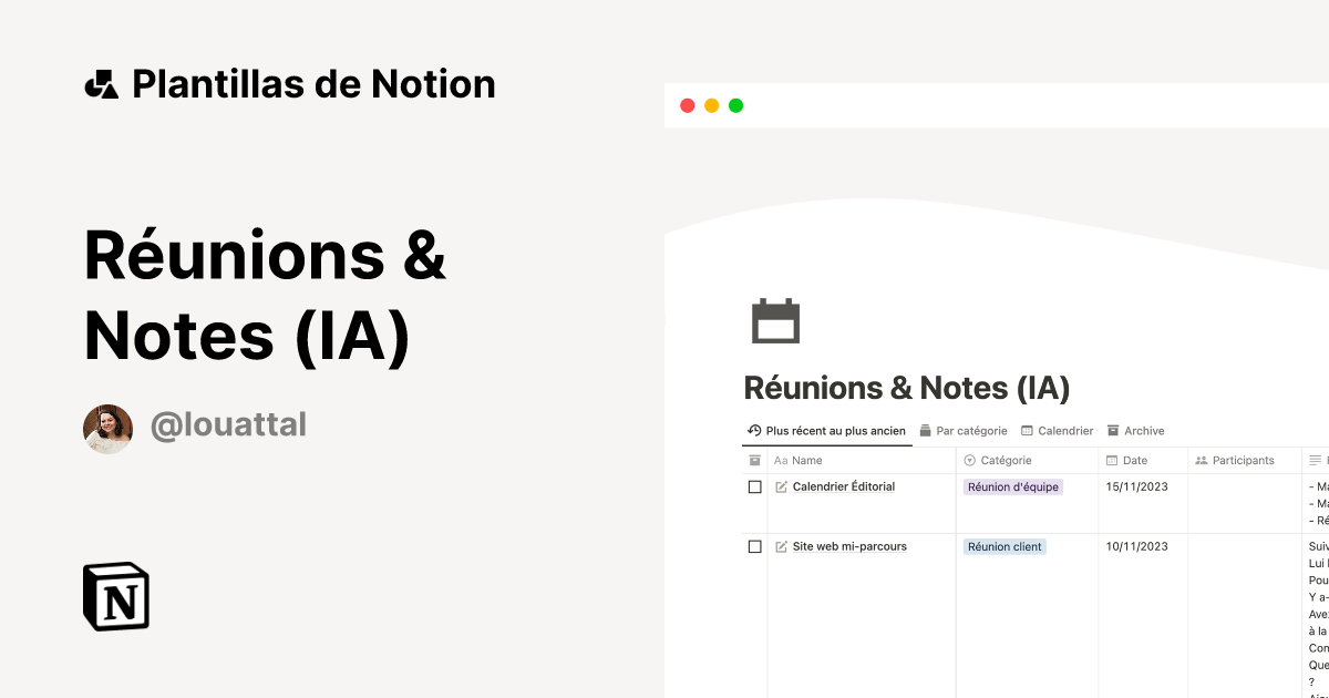 Plantilla Réunions & Notes (IA) de Lou Attal Studio | Notion Marketplace