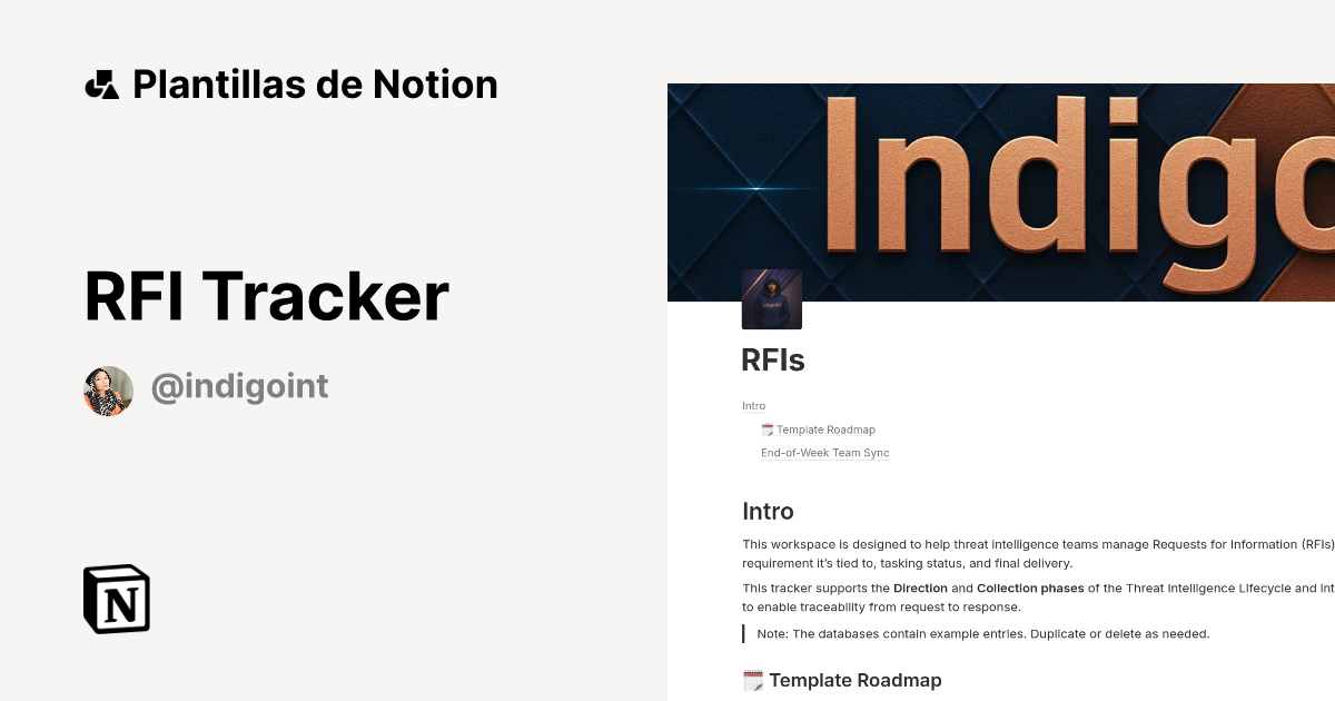 Plantilla RFI Tracker de IndigoINT | Notion Marketplace