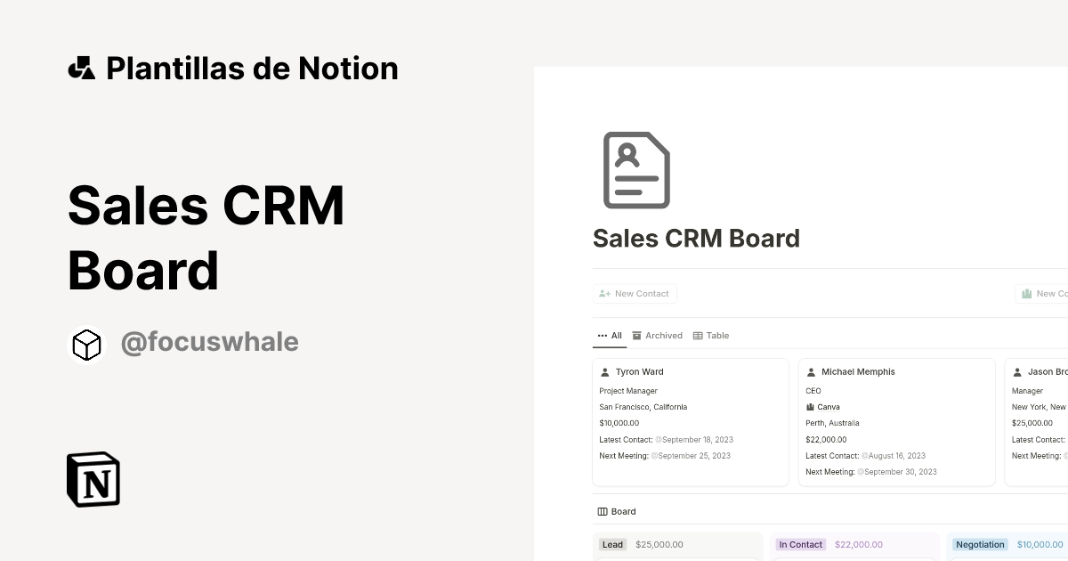 Plantilla Sales CRM Board de FocusWhale | Notion Marketplace