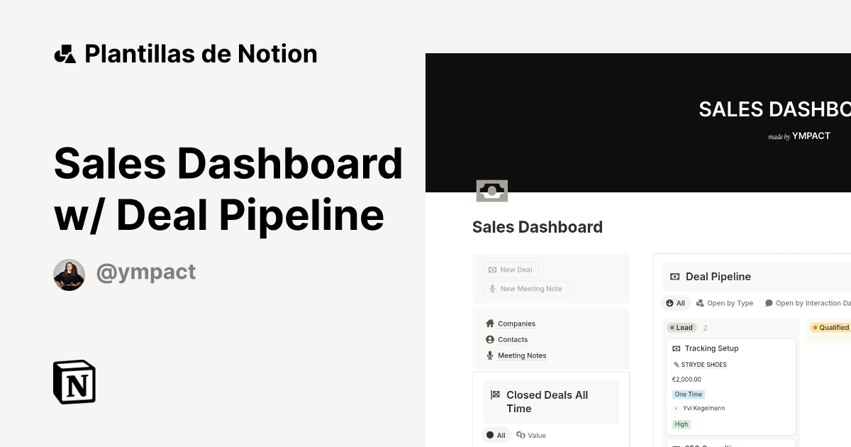 Plantilla Sales Dashboard w/ Deal Pipeline de Yvi von YMPACT | Notion Marketplace