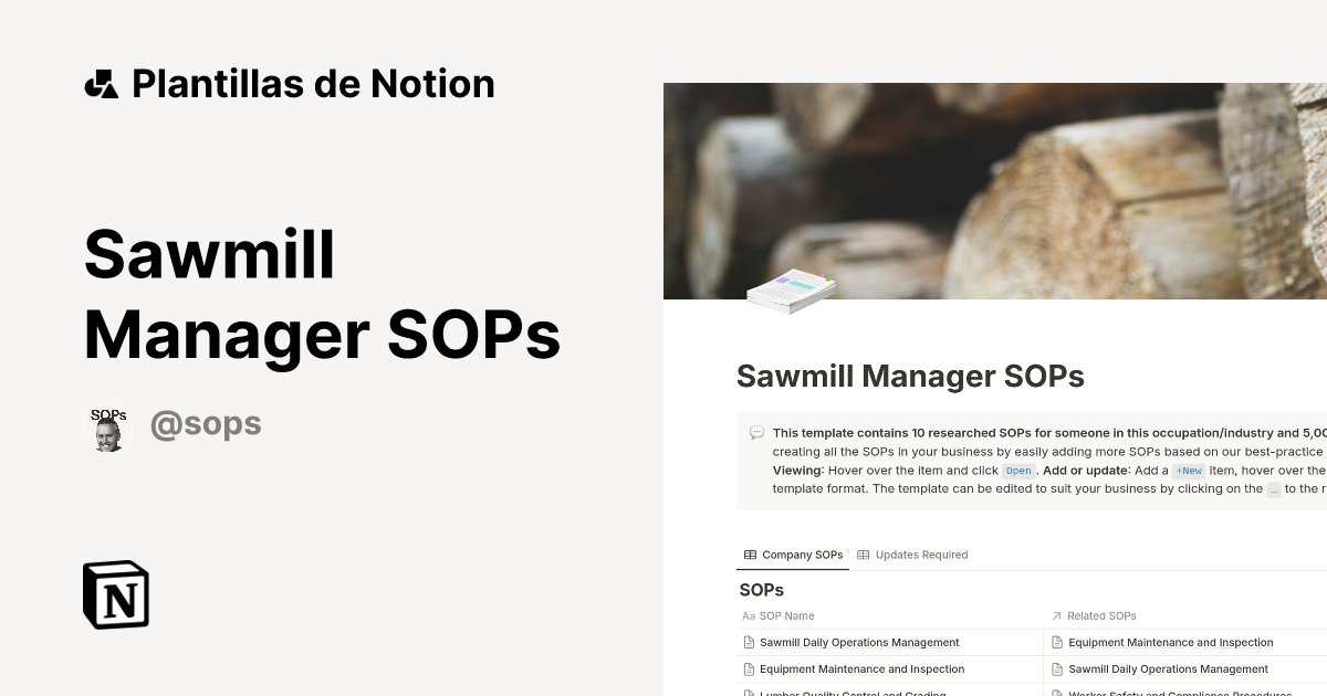 Plantilla Sawmill Manager SOPs de SOPs | Notion Marketplace