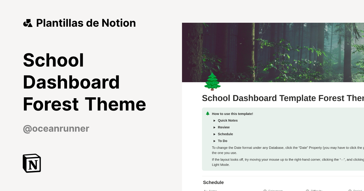 Plantilla School Dashboard Forest Theme de Taylor | Notion Marketplace