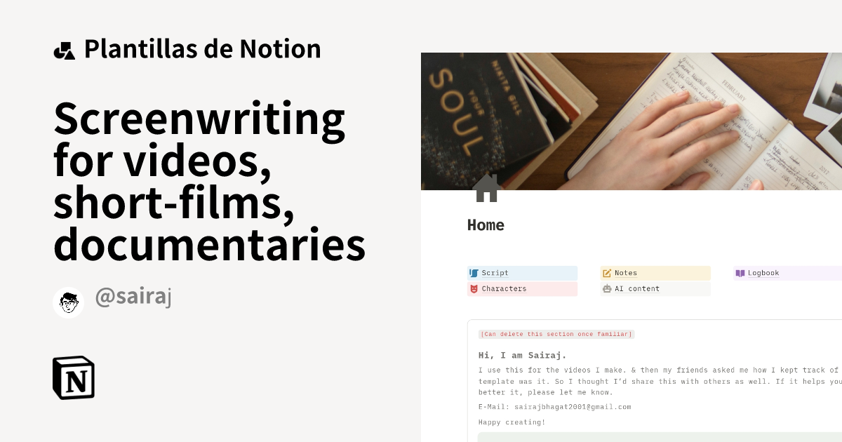 Plantilla Screenwriting for videos, short-films, documentaries | Notion Marketplace