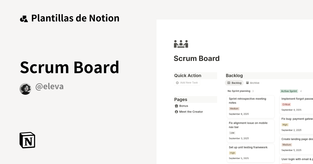 Plantilla Scrum Board de ELEVA | Notion Marketplace