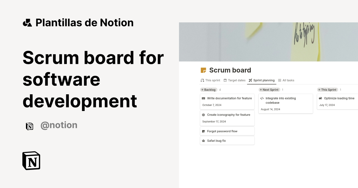 Plantilla Scrum board for software development 2025 | Notion Marketplace