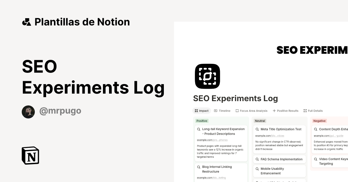 Plantilla SEO Experiments Log | Notion Marketplace