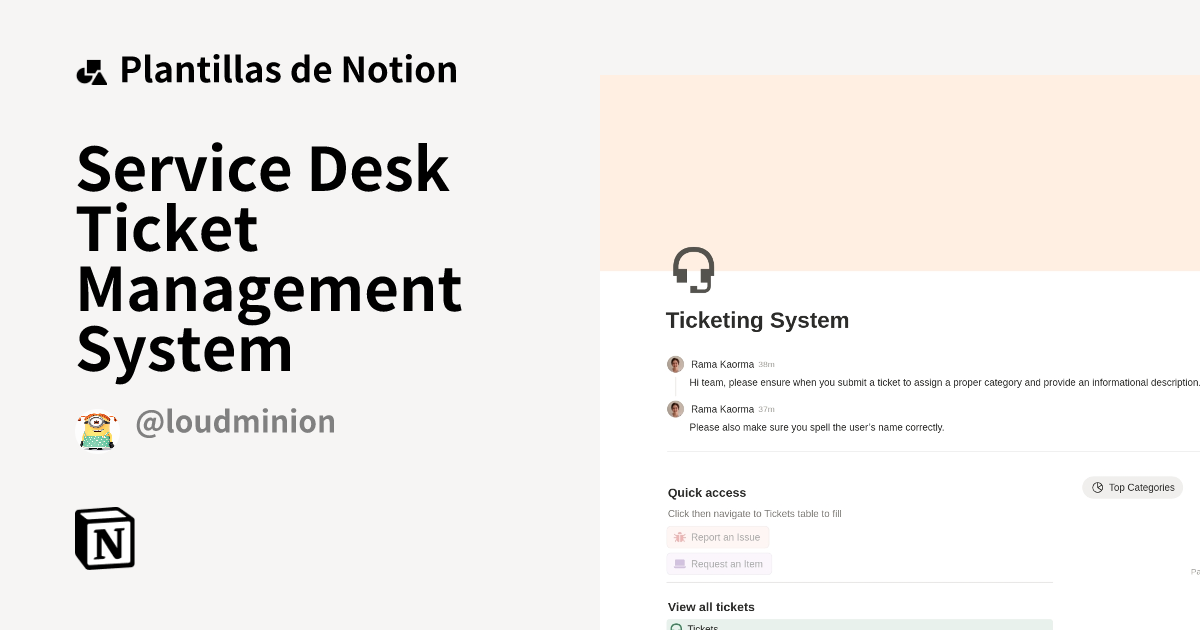 Plantilla Service Desk Ticket Management System de Loud Minion | Notion Marketplace