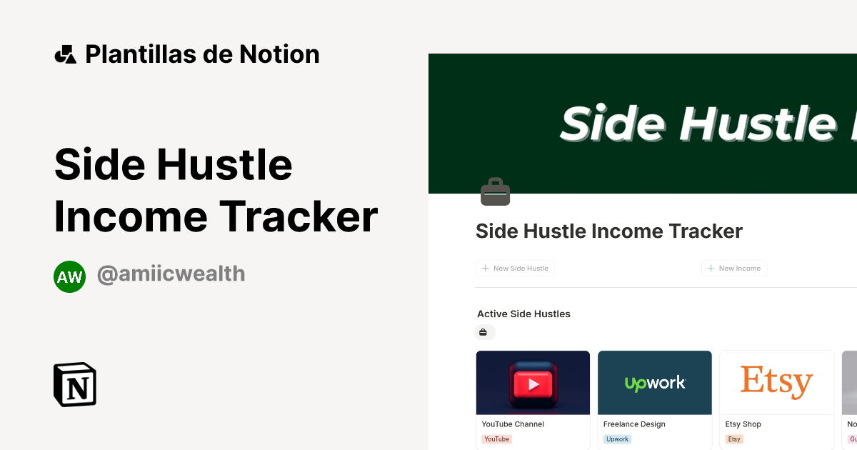 Plantilla Side Hustle Income Tracker de AMIIC Wealth | Notion Marketplace