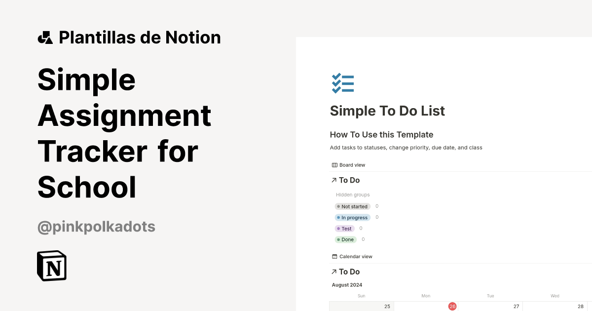 Plantilla Simple Assignment Tracker for School | Notion Marketplace