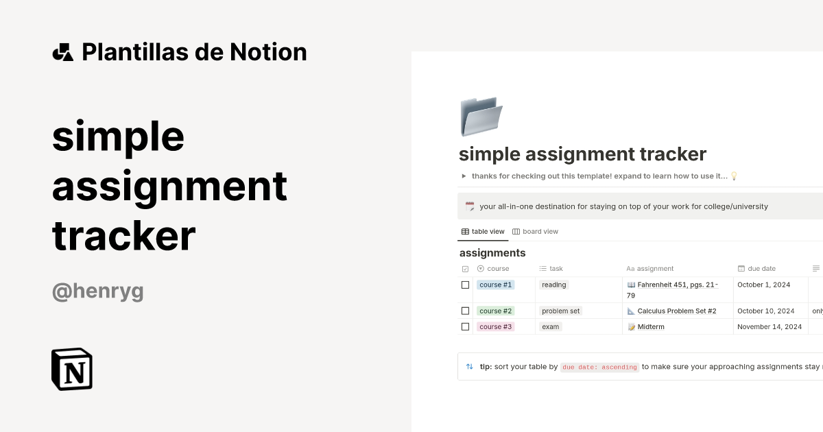 Plantilla simple assignment tracker de Henry G | Notion Marketplace