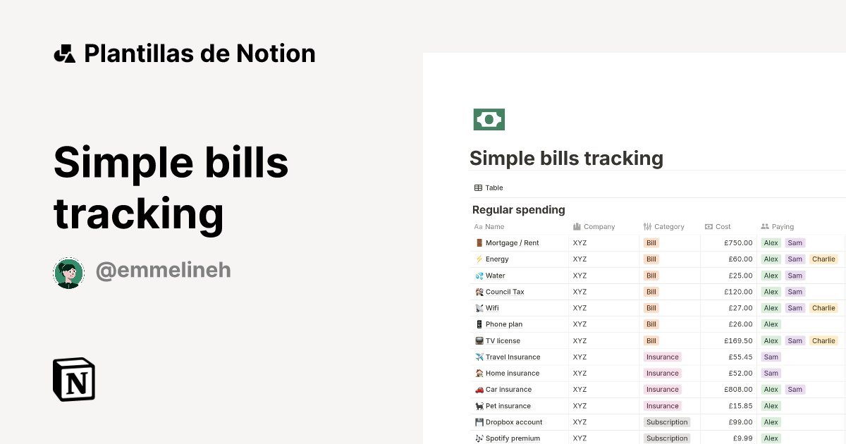 Plantilla Simple bills tracking | Notion Marketplace