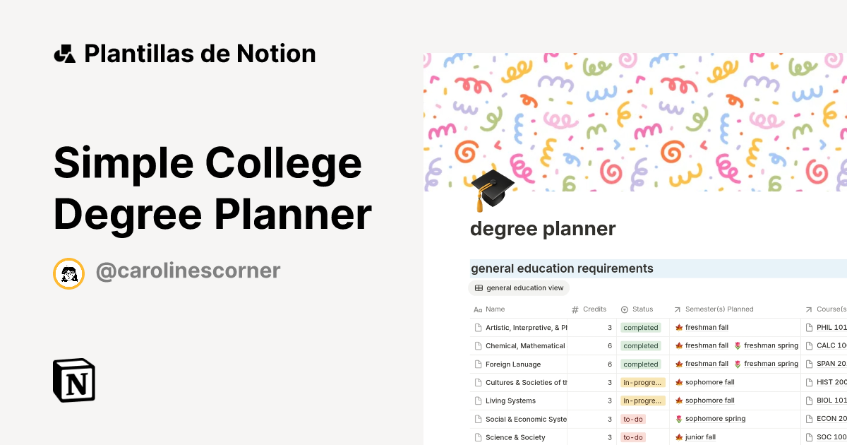 Plantilla Simple College Degree Planner de Caroline's Corner | Notion Marketplace