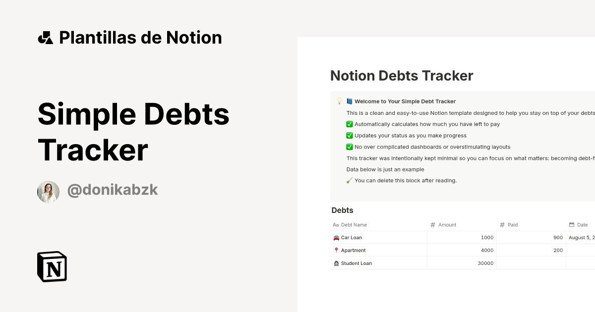 Plantilla Simple Debts Tracker de Donika | Notion Marketplace