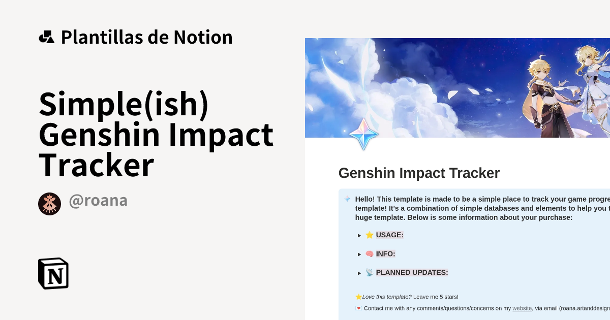 Plantilla Simple(ish) Genshin Impact Tracker de Roana | Notion Marketplace