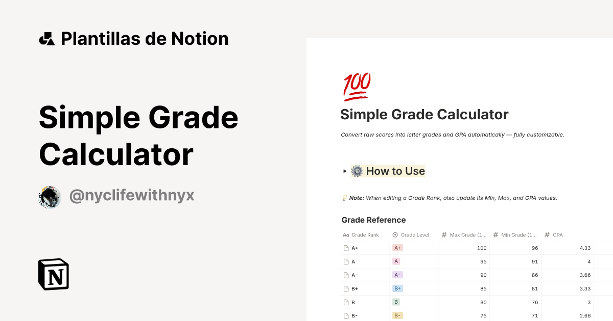 Plantilla Simple Grade Calculator | Notion Marketplace