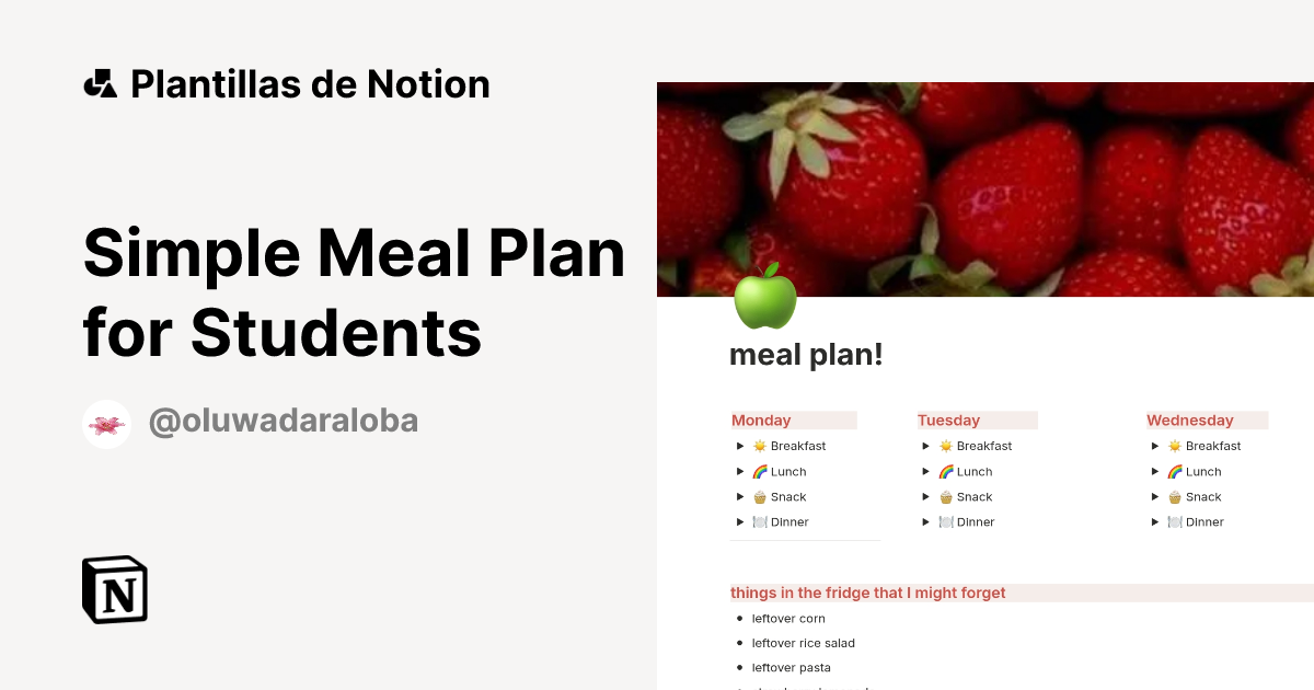 Plantilla Simple Meal Plan for Students de Shalom | Notion Marketplace