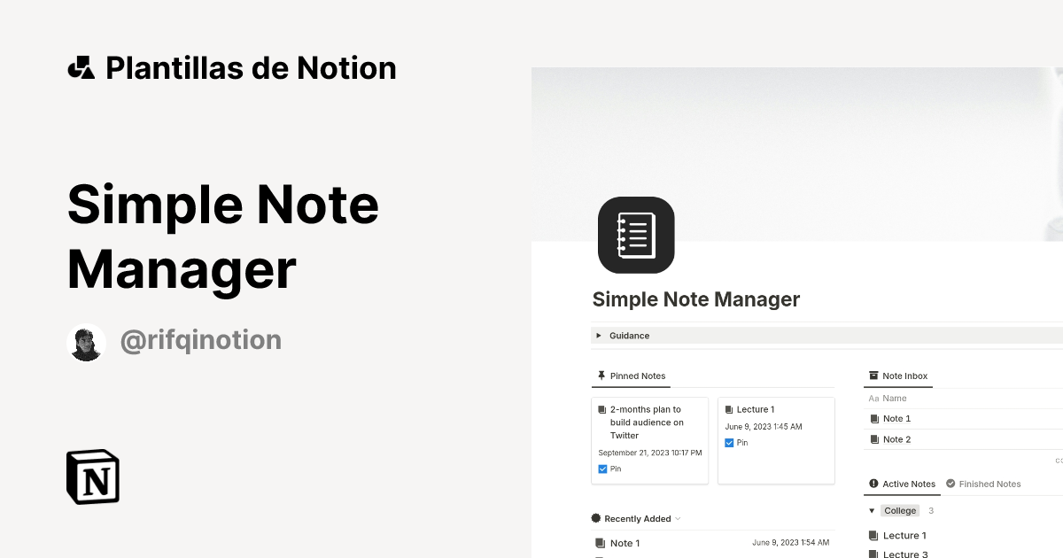 Plantilla Simple Note Manager | Notion Marketplace
