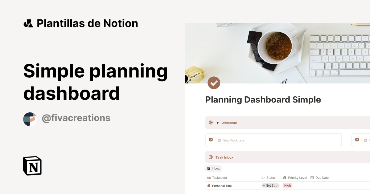 Plantilla Simple planning dashboard | Notion Marketplace