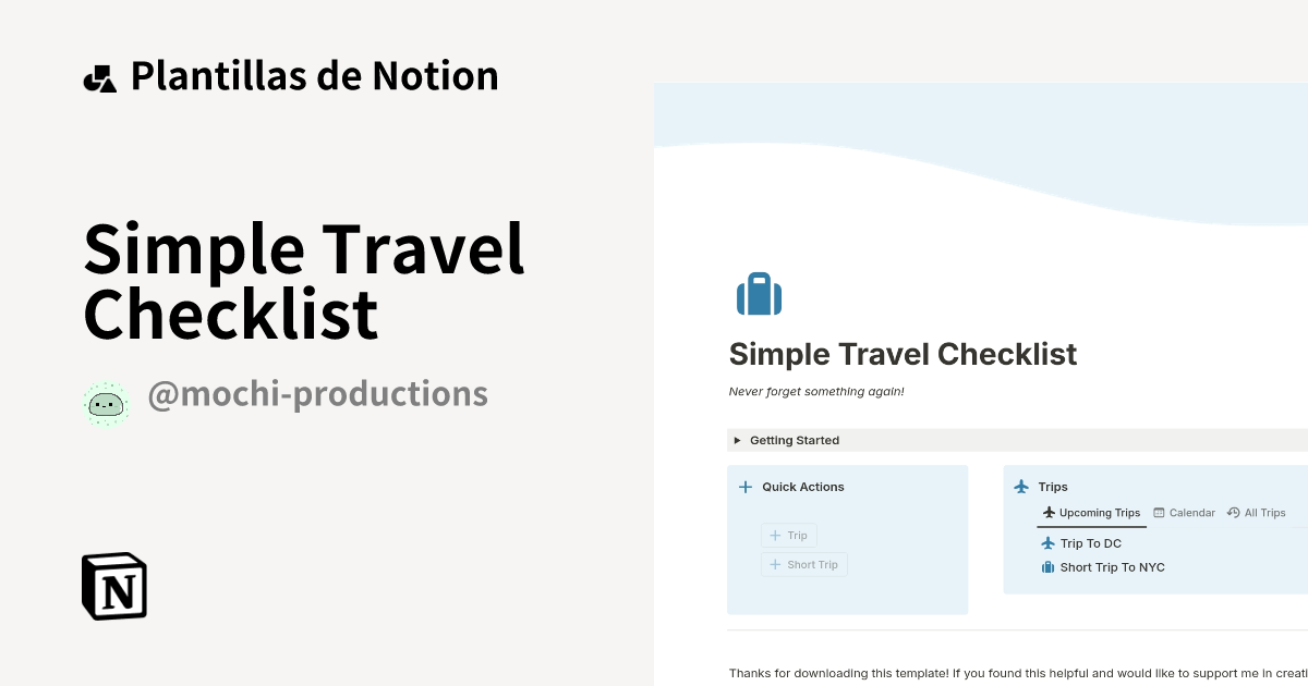 Plantilla Simple Travel Checklist de Mochi Productions | Notion Marketplace