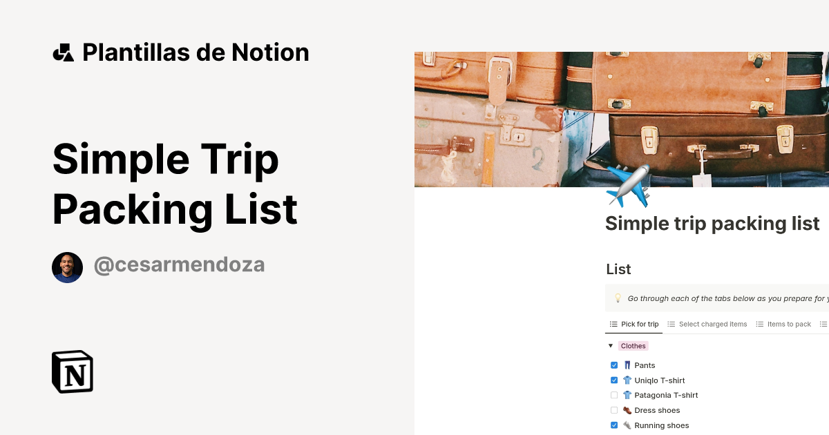 Plantilla Simple Trip Packing List | Notion Marketplace