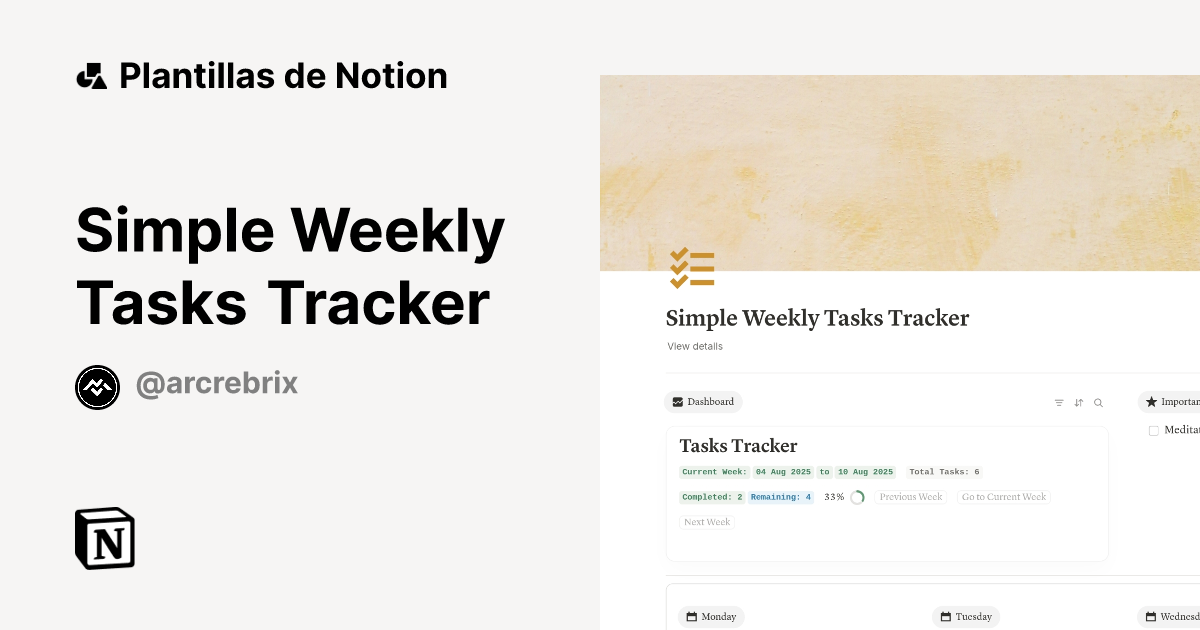 Plantilla Simple Weekly Tasks Tracker | Notion Marketplace