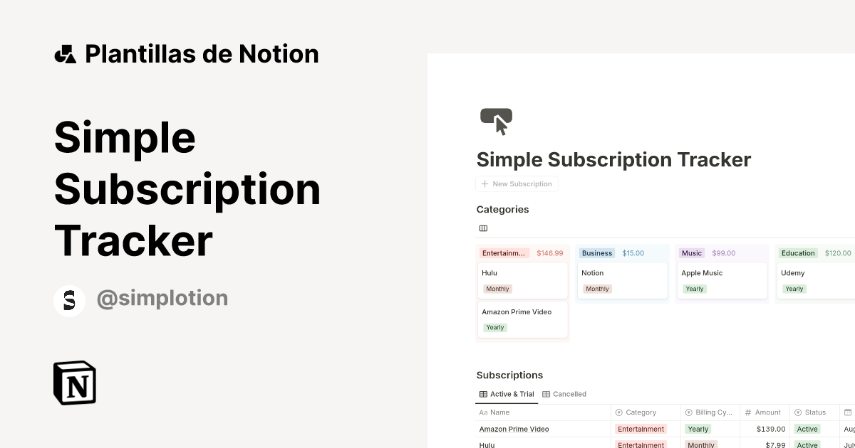 Plantilla Simple Subscription Tracker | Notion Marketplace
