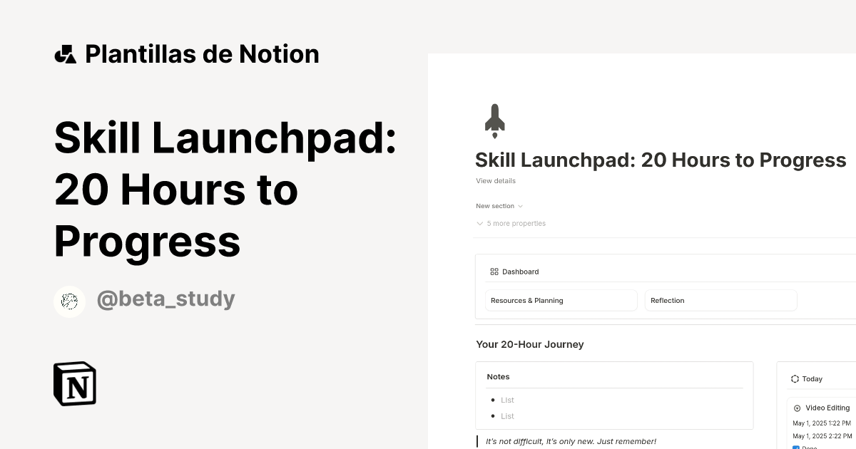 Plantilla Skill Launchpad: 20 Hours to Progress de Beta | Notion Marketplace