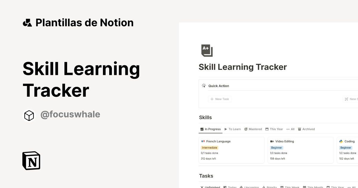 Plantilla Skill Learning Tracker de FocusWhale | Notion Marketplace