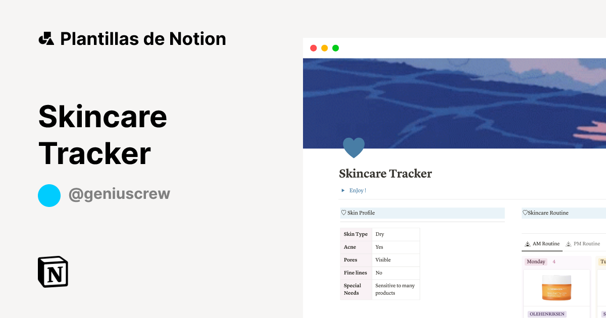Plantilla Skincare Tracker de Genius Crew | Notion Marketplace