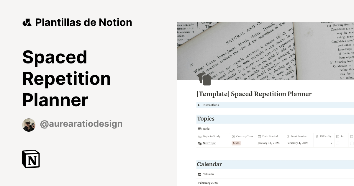 Plantilla Spaced Repetition Planner de Aurea Ratio Design | Notion ...