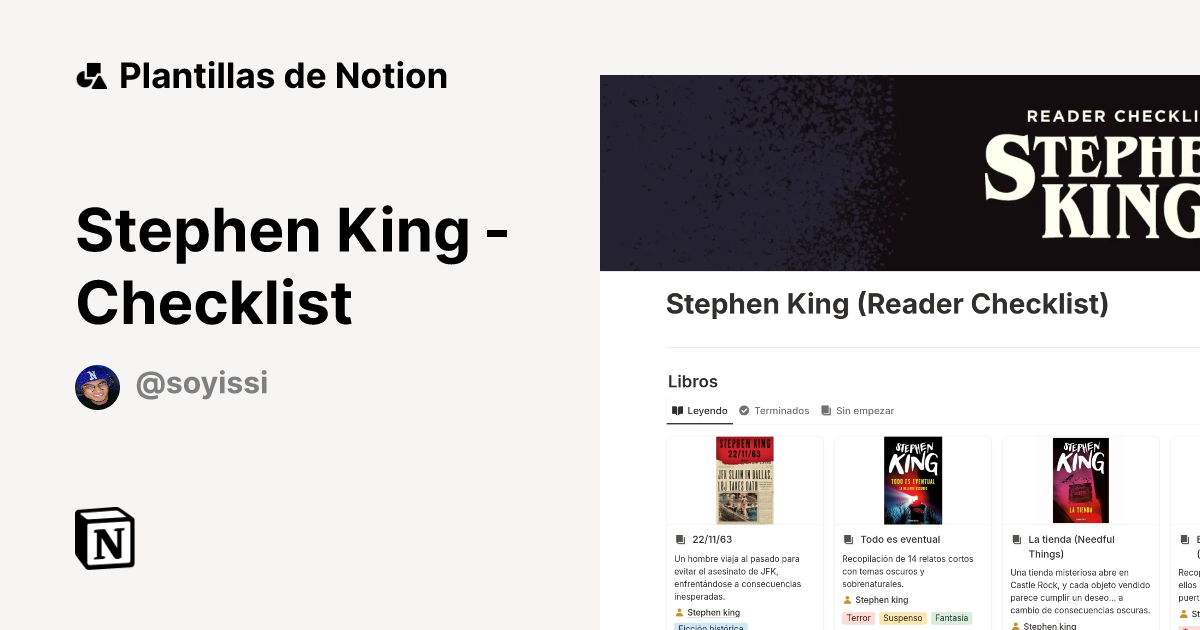 Plantilla Stephen King - Checklist de SoyISSI | Notion Marketplace