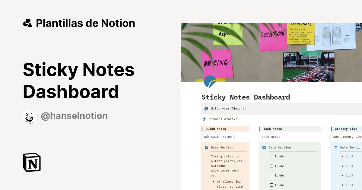 Plantilla Sticky Notes Dashboard | Notion Marketplace