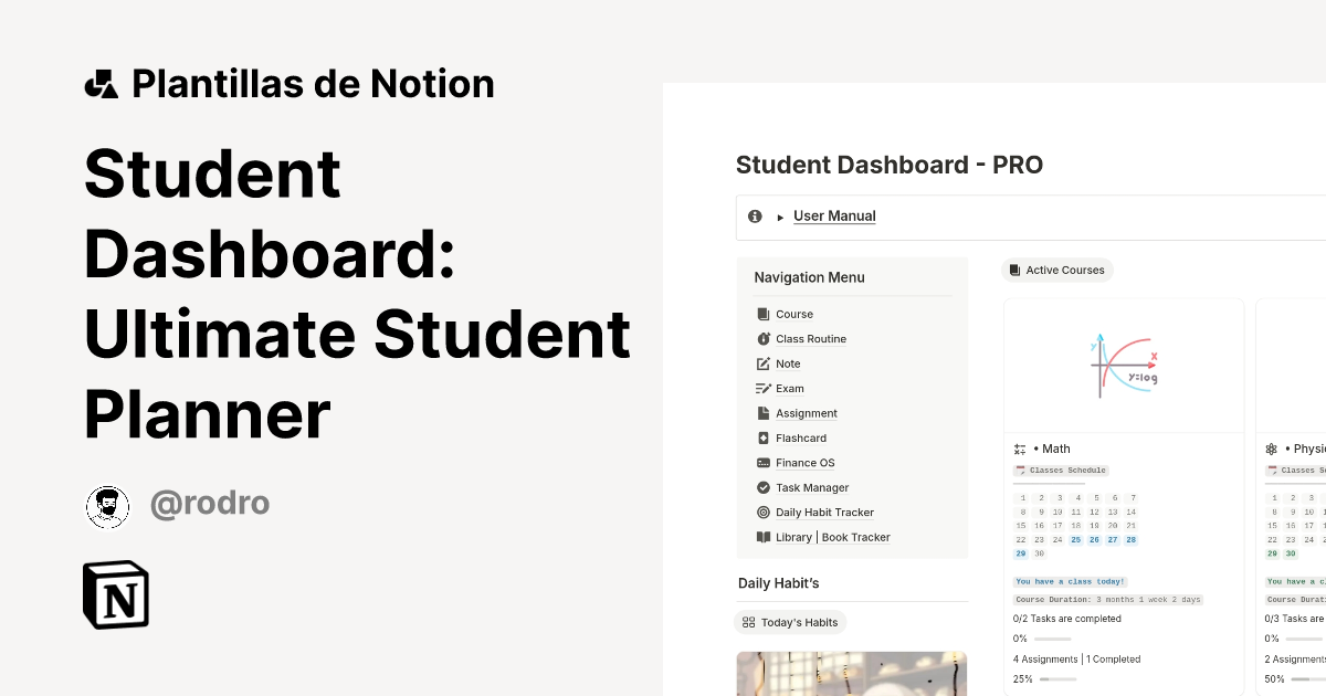 Plantilla Student Dashboard: Ultimate Student Planner de Rodro | Notion Marketplace