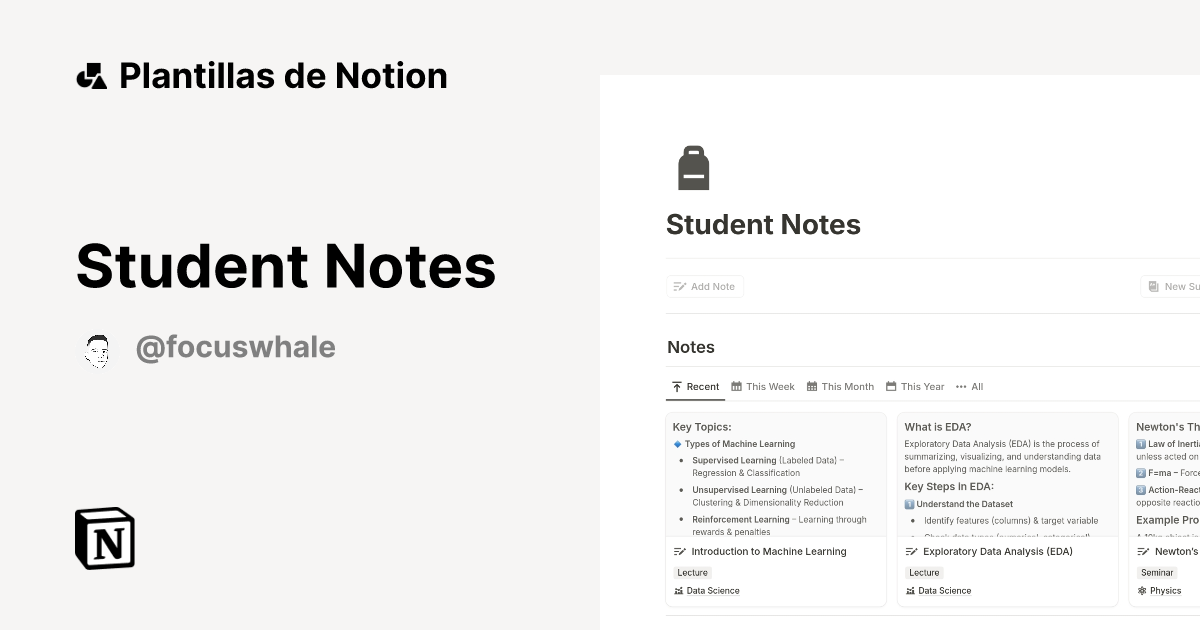 Plantilla Student Notes de FocusWhale | Notion Marketplace
