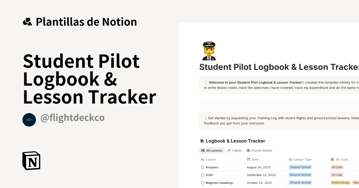 Plantilla Student Pilot Logbook & Lesson Tracker | Notion Marketplace