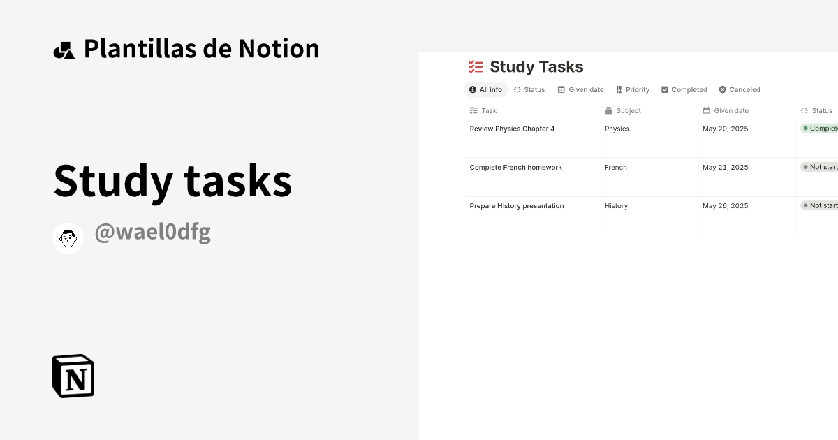 Plantilla Study tasks de Wael0dfg | Notion Marketplace