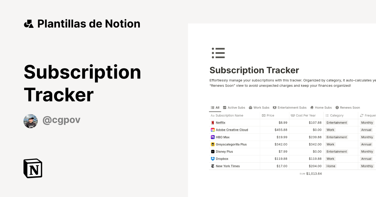 Plantilla Subscription Tracker | Notion Marketplace