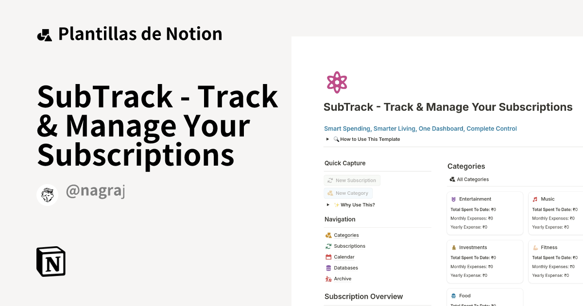 Plantilla SubTrack - Track & Manage Your Subscriptions de Nagraj Gornalli | Notion Marketplace