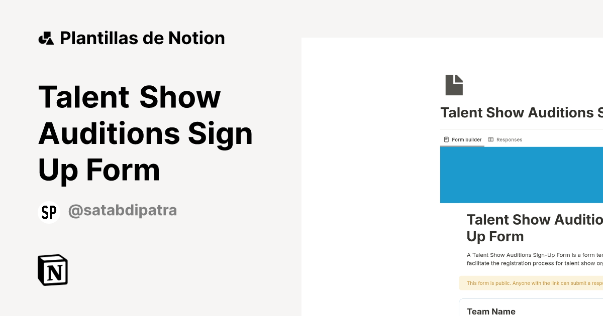 Plantilla Talent Show Auditions Sign Up Form | Notion Marketplace