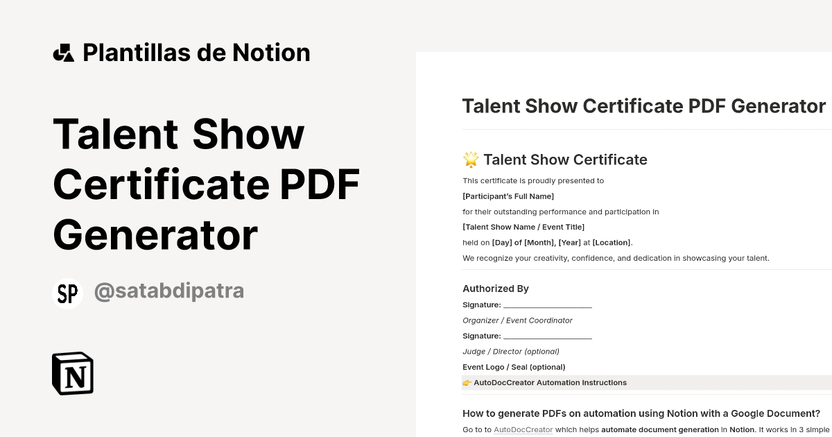Plantilla Talent Show Certificate PDF Generator | Notion Marketplace