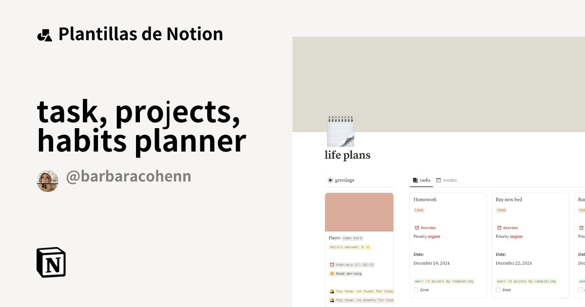 Plantilla task, projects, habits planner de Bárbara cohen | Notion Marketplace