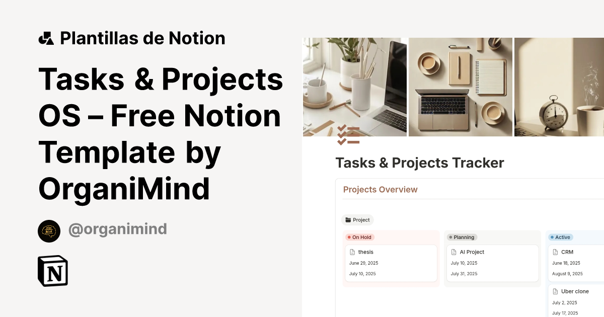 Plantilla Tasks & Projects OS – Free Notion Template by OrganiMind | Notion Marketplace