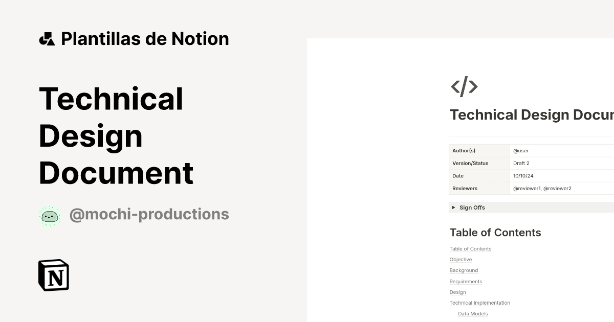 Plantilla Technical Design Document de Mochi Productions | Notion ...